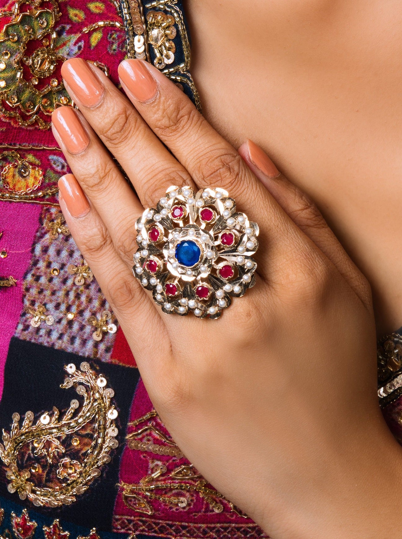 Ruby Red Royal Blue Floral Round Jadau Adjustable Ring – QUEENS JEWELS